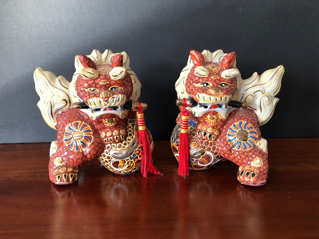 Foo Dogs, Royal Red and Gold Foodogs Pair With Tassels 6 - Etsy