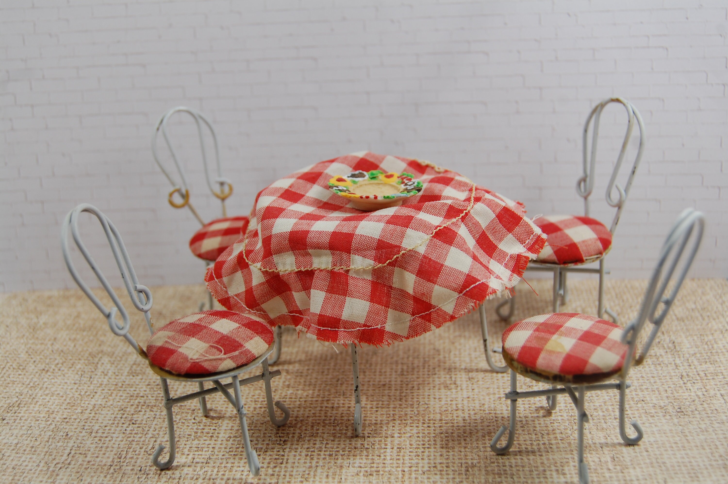 Vintage Dollhouse Table With Four Chairs Red Cushions - Etsy