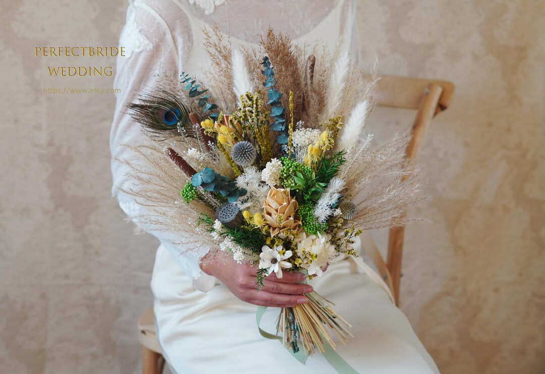 Light Green Boho Dried Flower Bouquet, Natural Wedding Bouquet,pampas ...