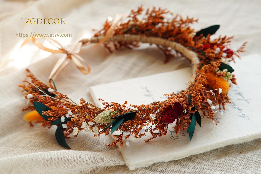 Burnt Orange Autumn Dried Natural Flower Crown, Dried Flowers, Bridal ...