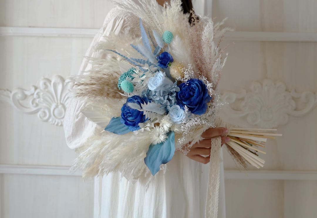 Azure Blue Flowers Bohemian Natural Wedding Flowers Bouquet,pampas ...
