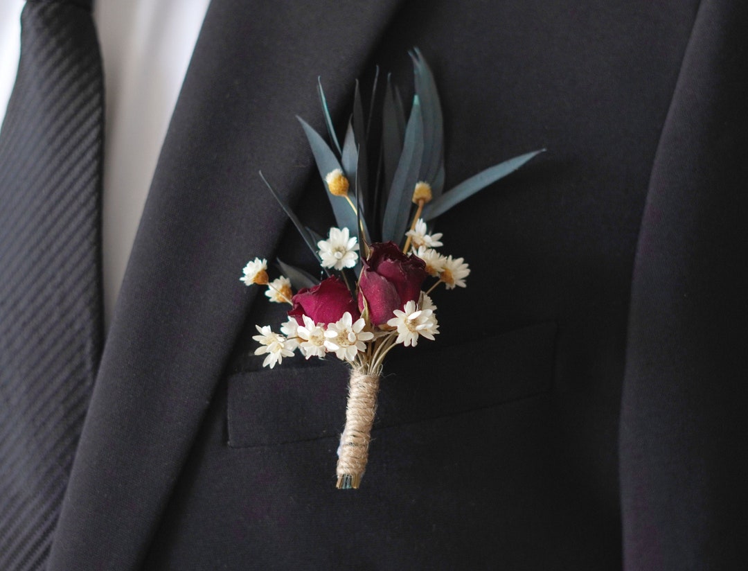 Burgundy Red Rose Boho Pampas Dried Boutonniere,rustic Dried Flower ...