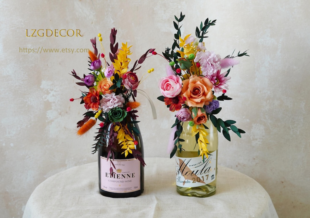 Wine Centerpiece,pink Bottle Bouquet,flower Arrangement for Wine Bottle ...