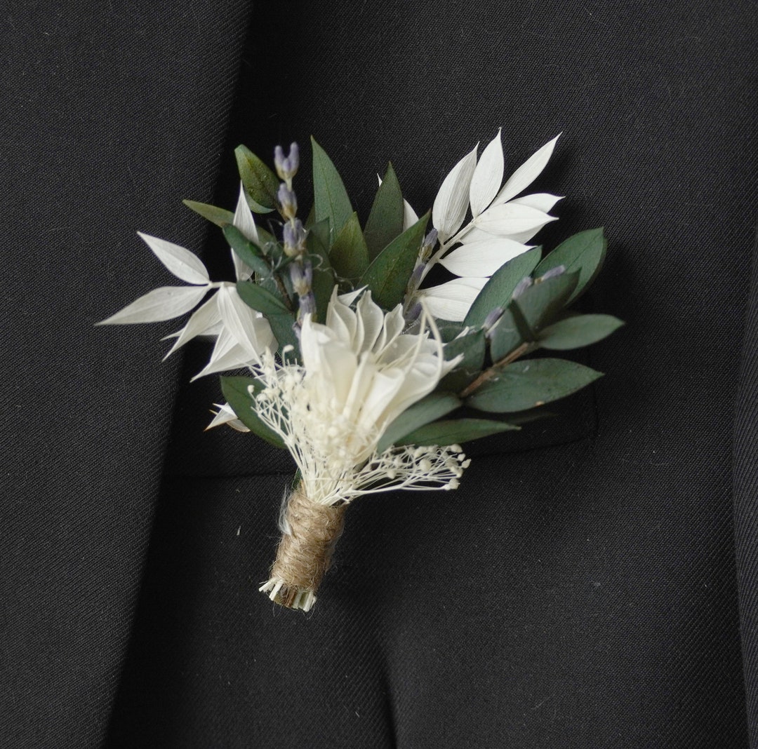 White and Green Eucalyptus Rustic Boho Boutonnieres / Lapel Pin for Men ...