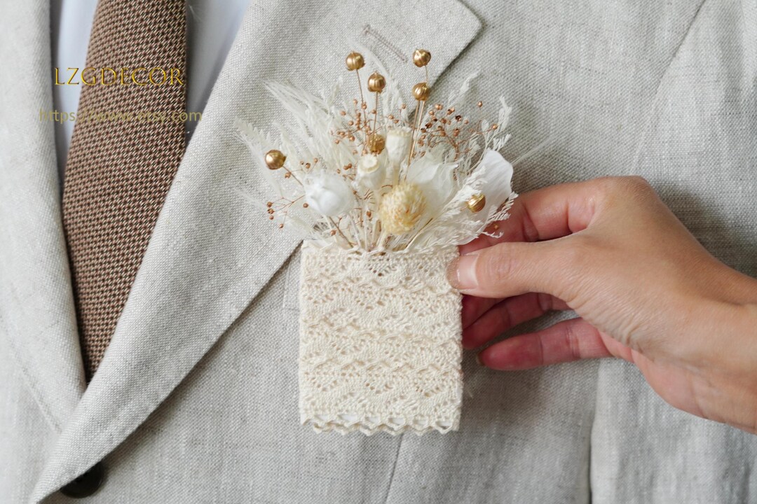 White& Gold Groomsmen Pocket Boutonnieres,wedding Natural Flowers Groom ...