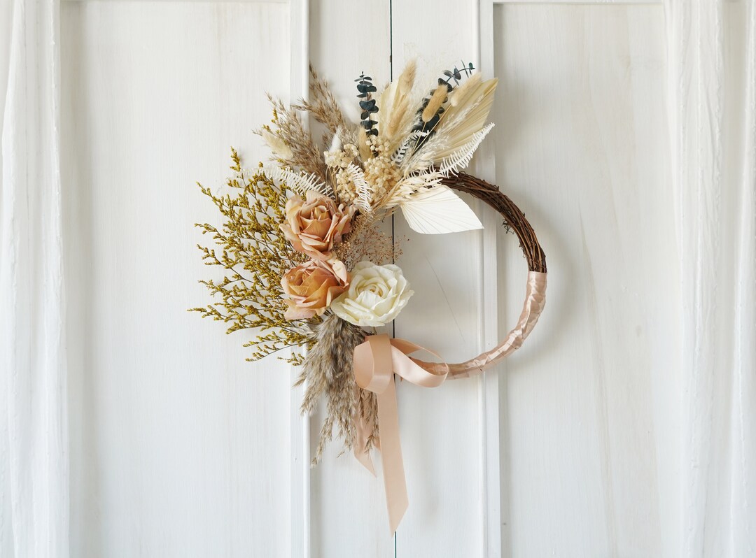 Silk Flowers Presrved Natural Rustic Cluster Wreath, Handmade Floral ...