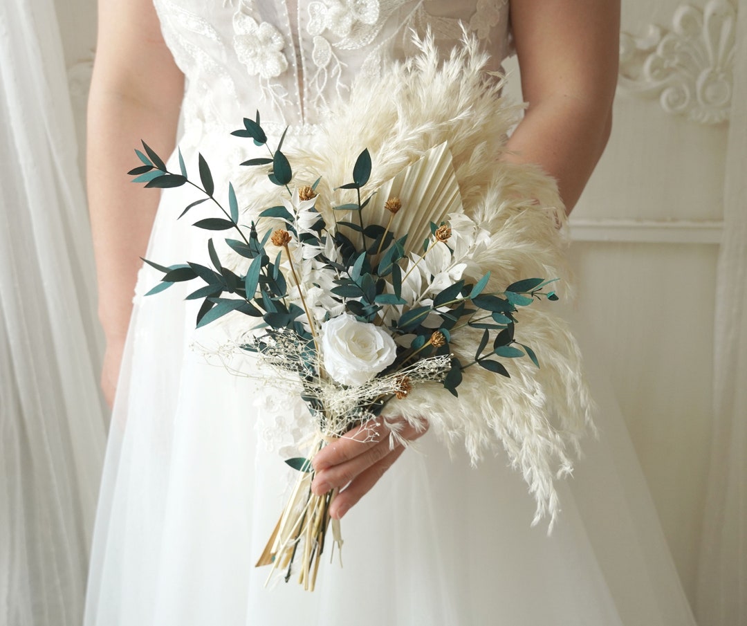 White & Blue-green Dried Flower Bouquet, Boho Wedding Bouquet, Neutral ...