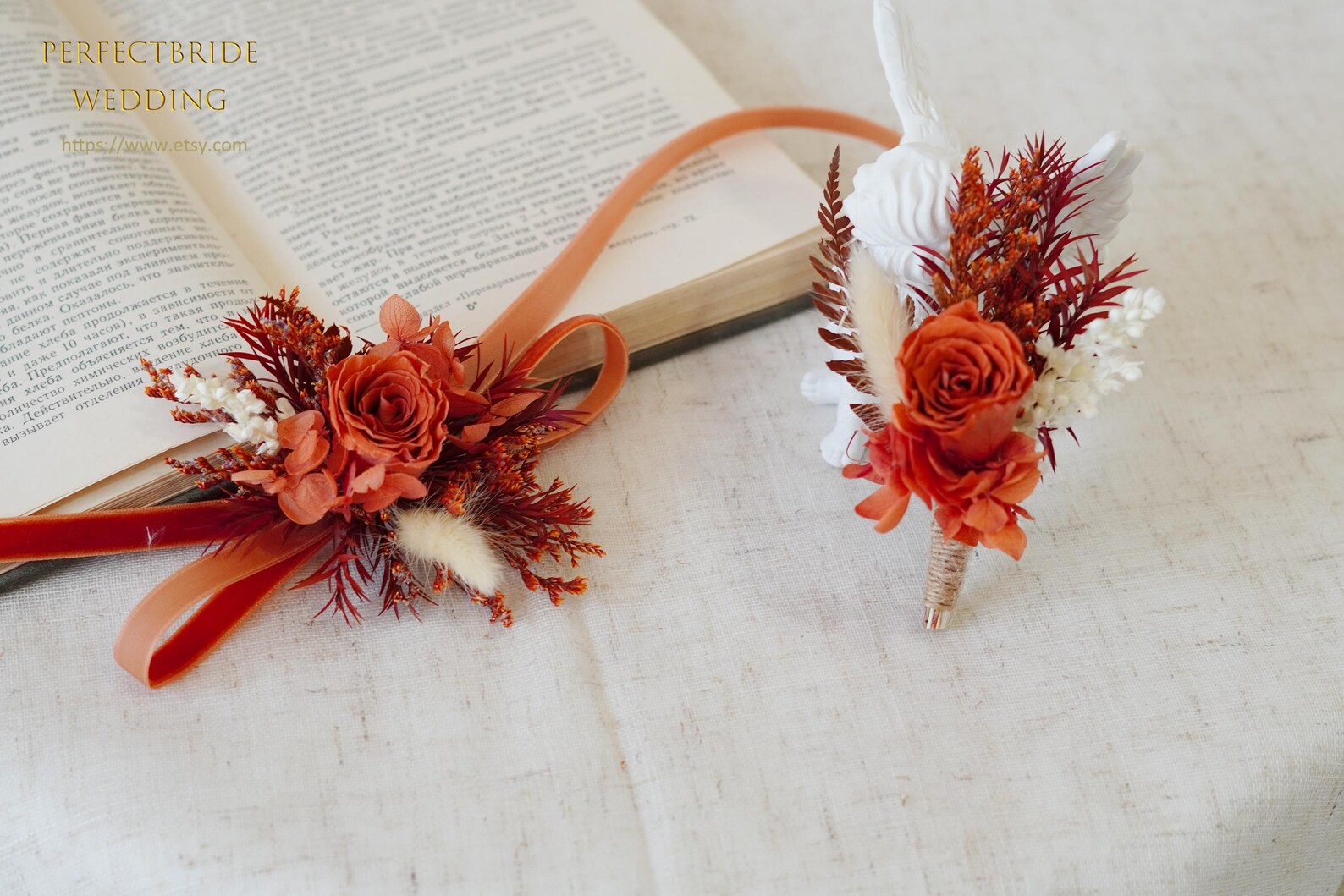 Preserved Orange Boho Rose Boutonniere,wedding Natural Flower Groom's ...