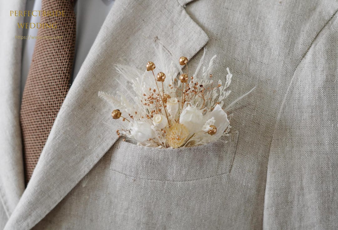 White& Gold Groomsmen Pocket Boutonnieres,wedding Natural Flowers Groom ...