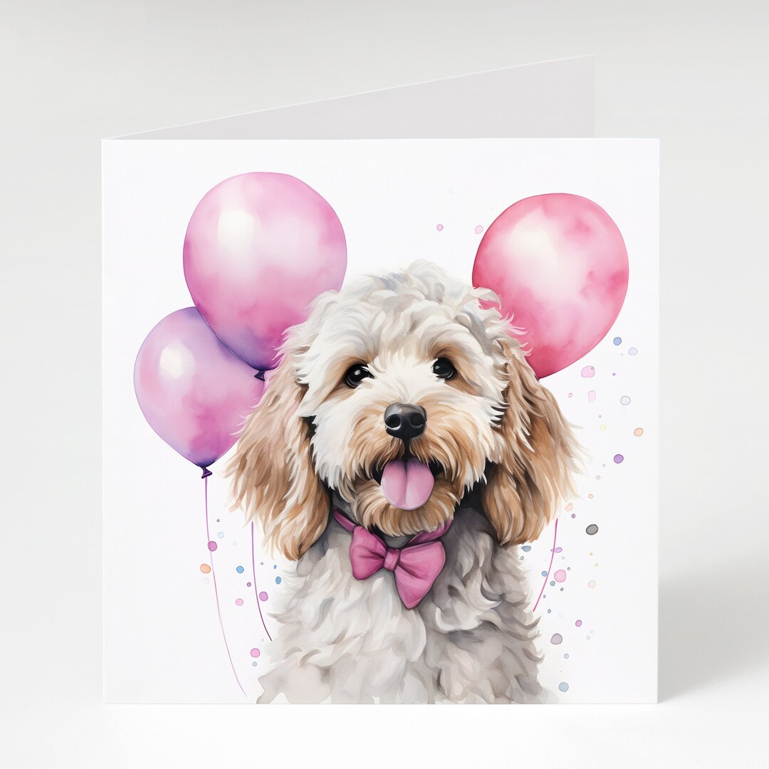 Cockapoo Birthday Card, Cockapoo With Pink Balloons, Cockapoo Card for ...