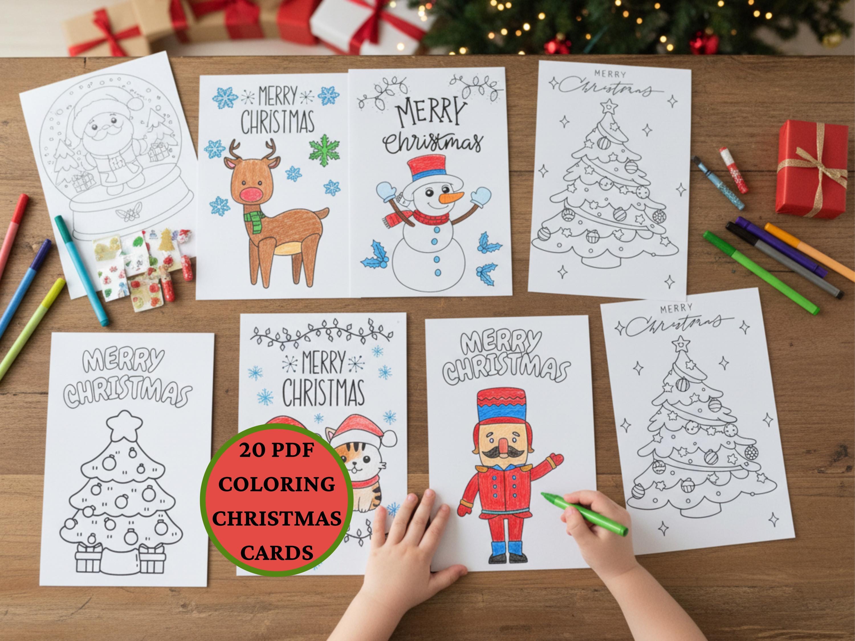 Kids Christmas Cards, 20 Printable Coloring Page Christmas Card Kit ...