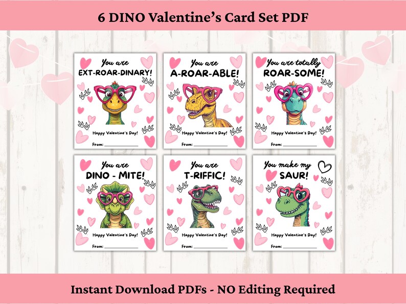 Dinosaur Valentine Cards Printable, Kids Classroom Valentines, Dino ...