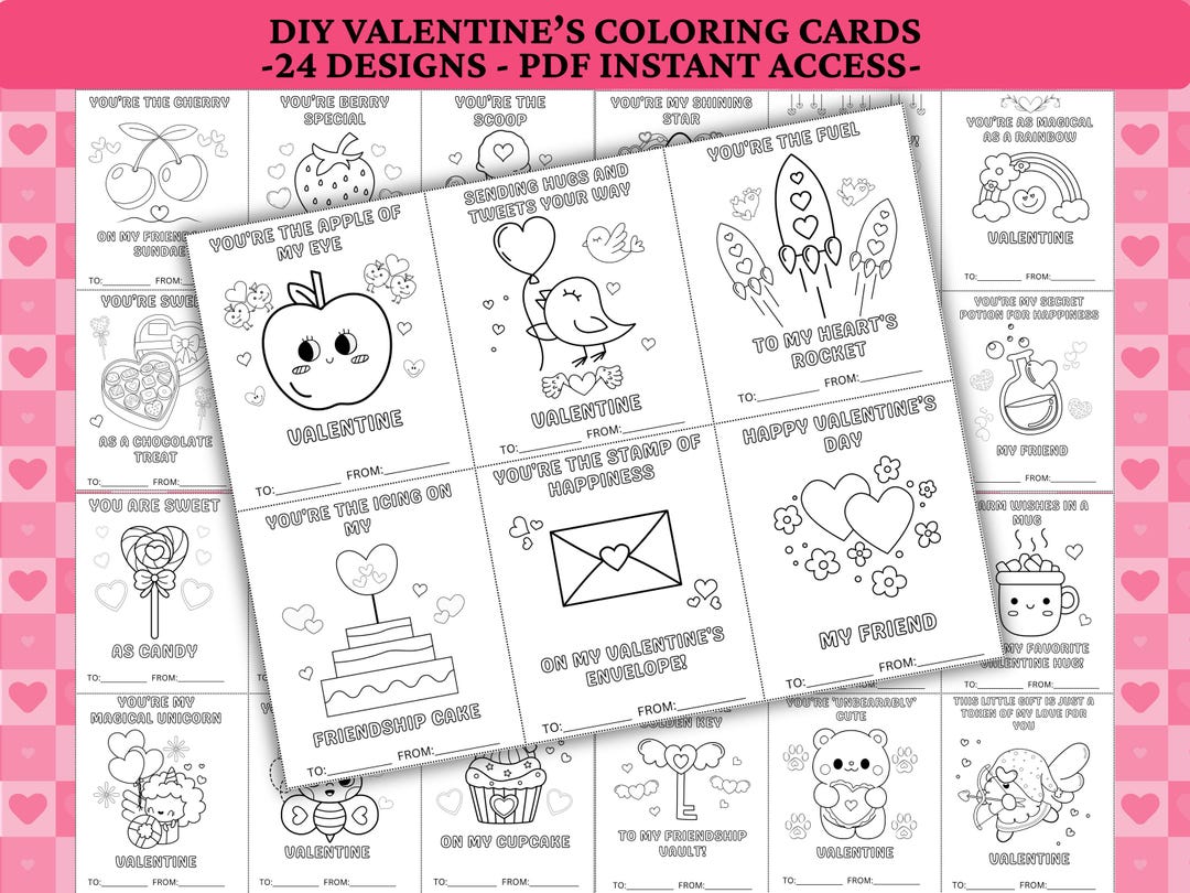 Kids Valentine's Day Cards, 24 Printable Coloring Page Valentine's Day ...