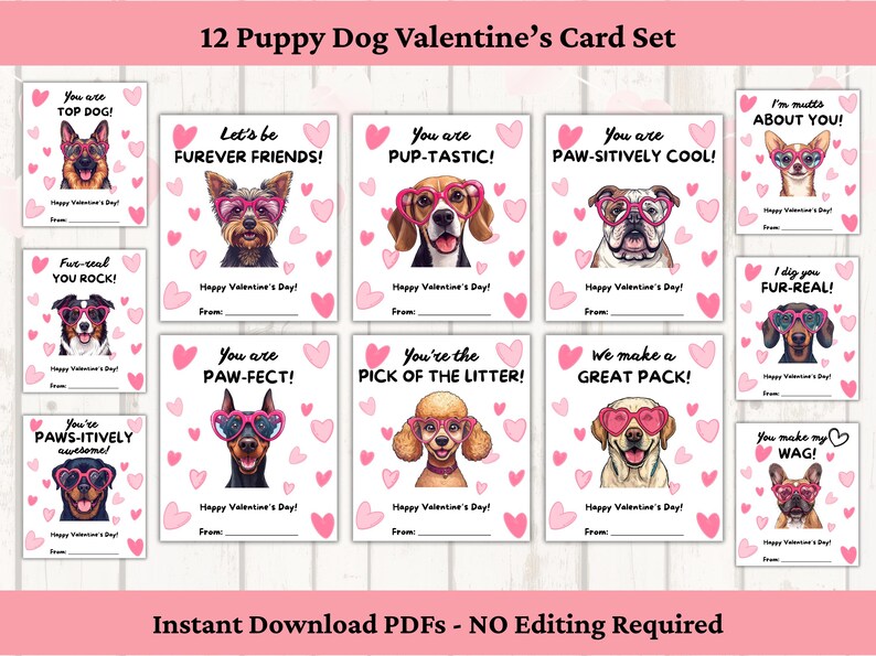 Puppy Dog Valentine Cards, Printable Kids Classroom Valentines, Dog ...
