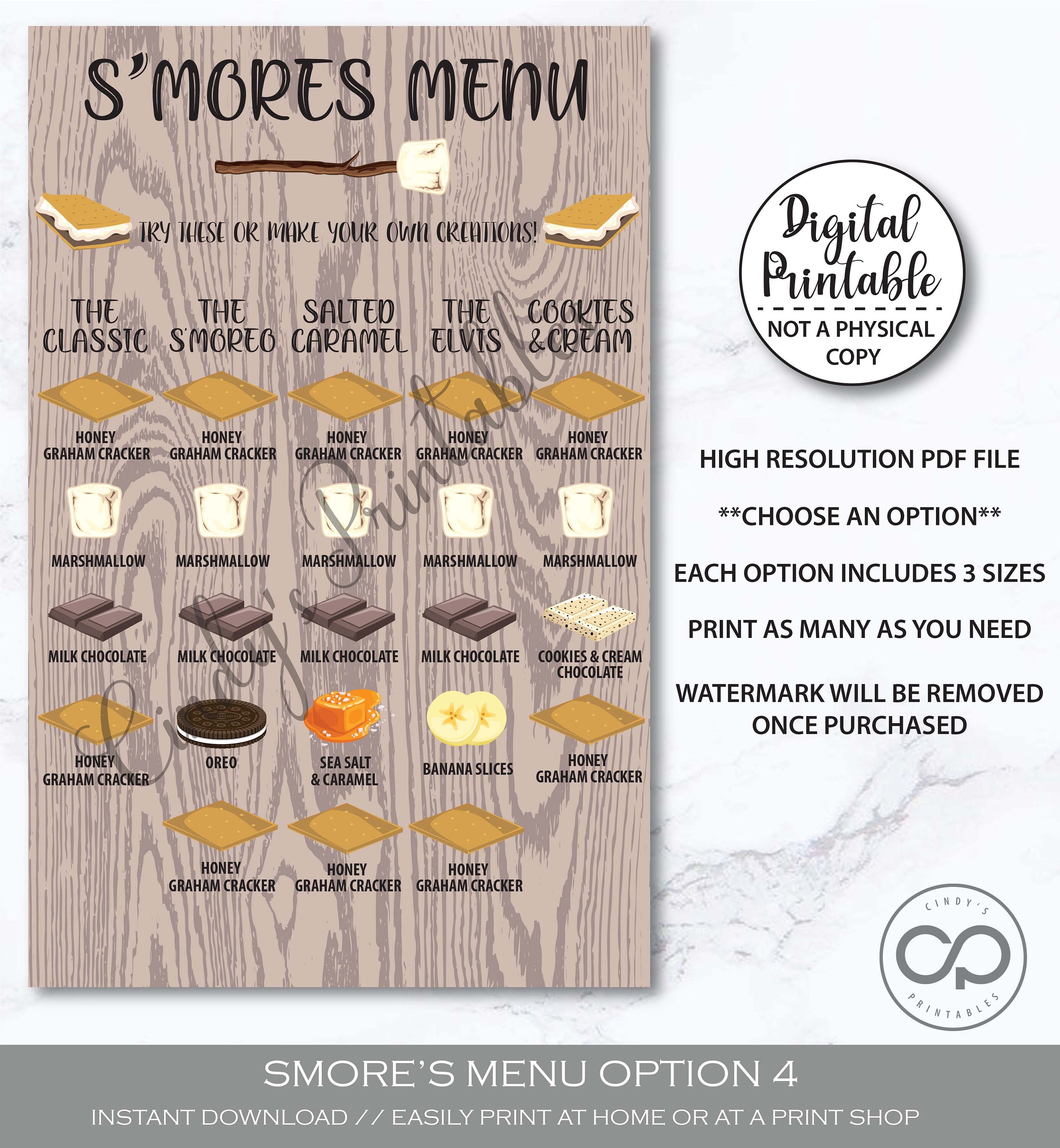 4 S'mores Menu's Printable Smores Bar Sign Smores - Etsy