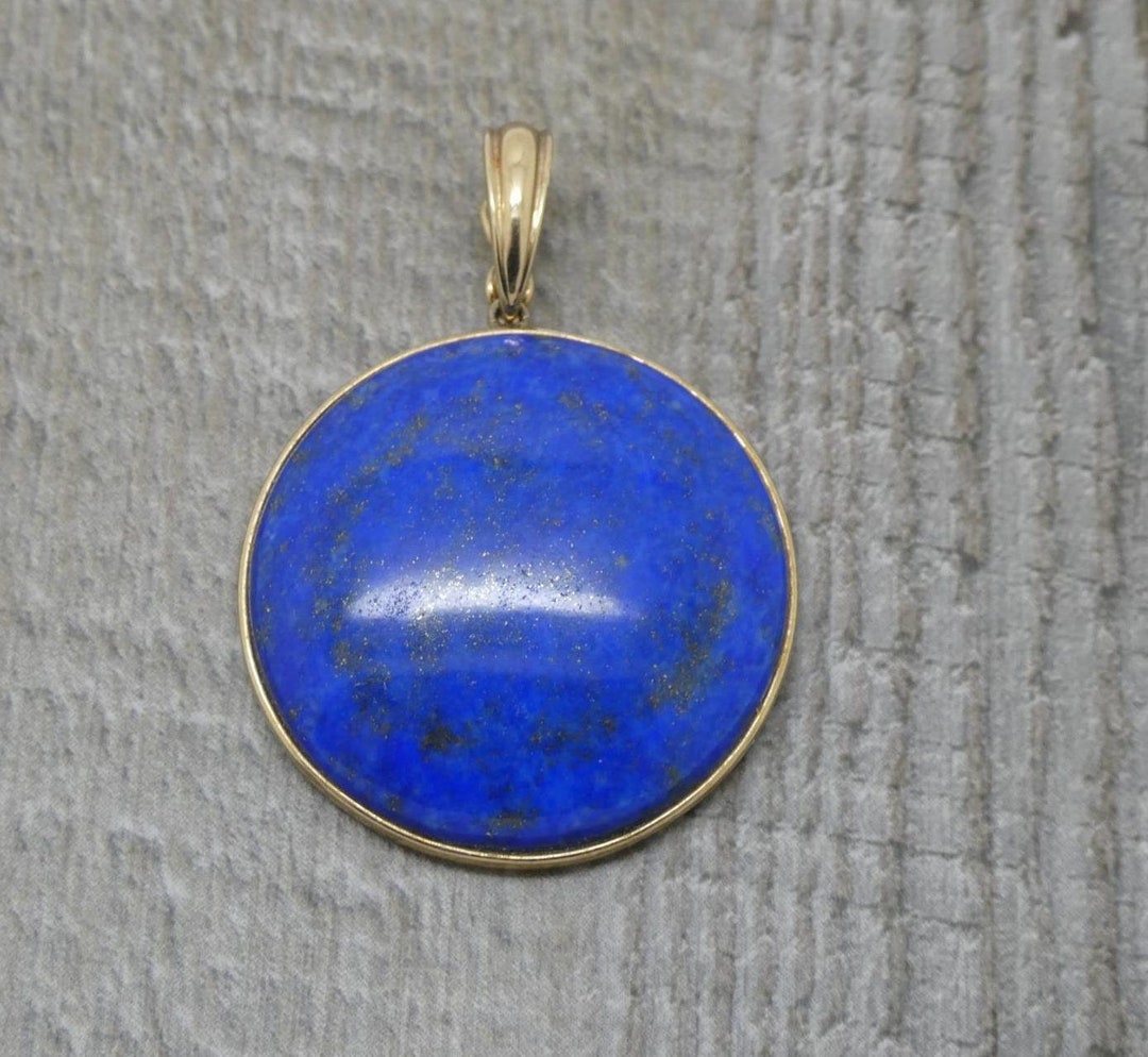 Stunning 9ct Yellow Gold Large Natural Lapis Lazuli 3cm Circle Pendant ...