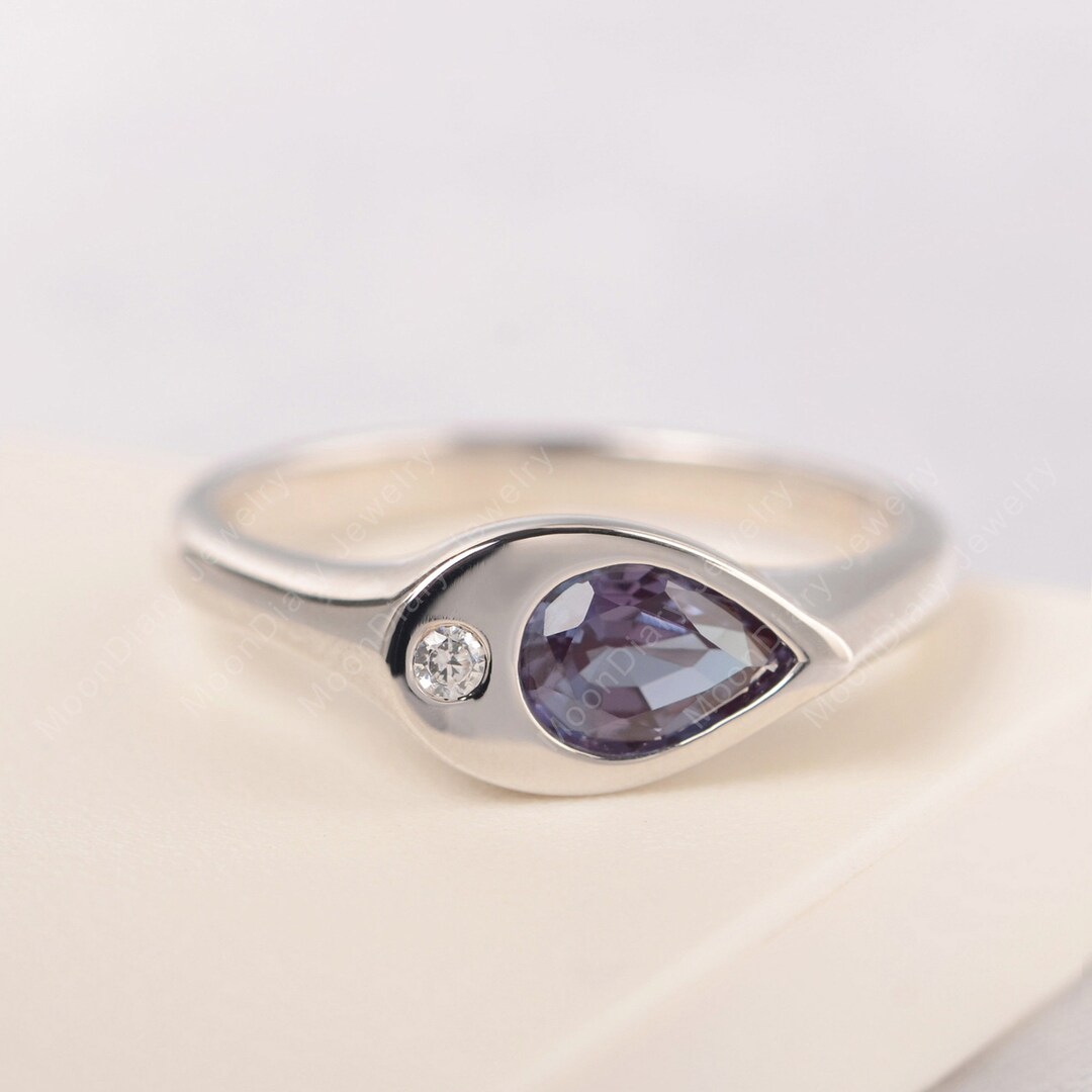 Alexandrite Signet Ring Color Changing Gemstone Bezel Setting Pear Cut ...