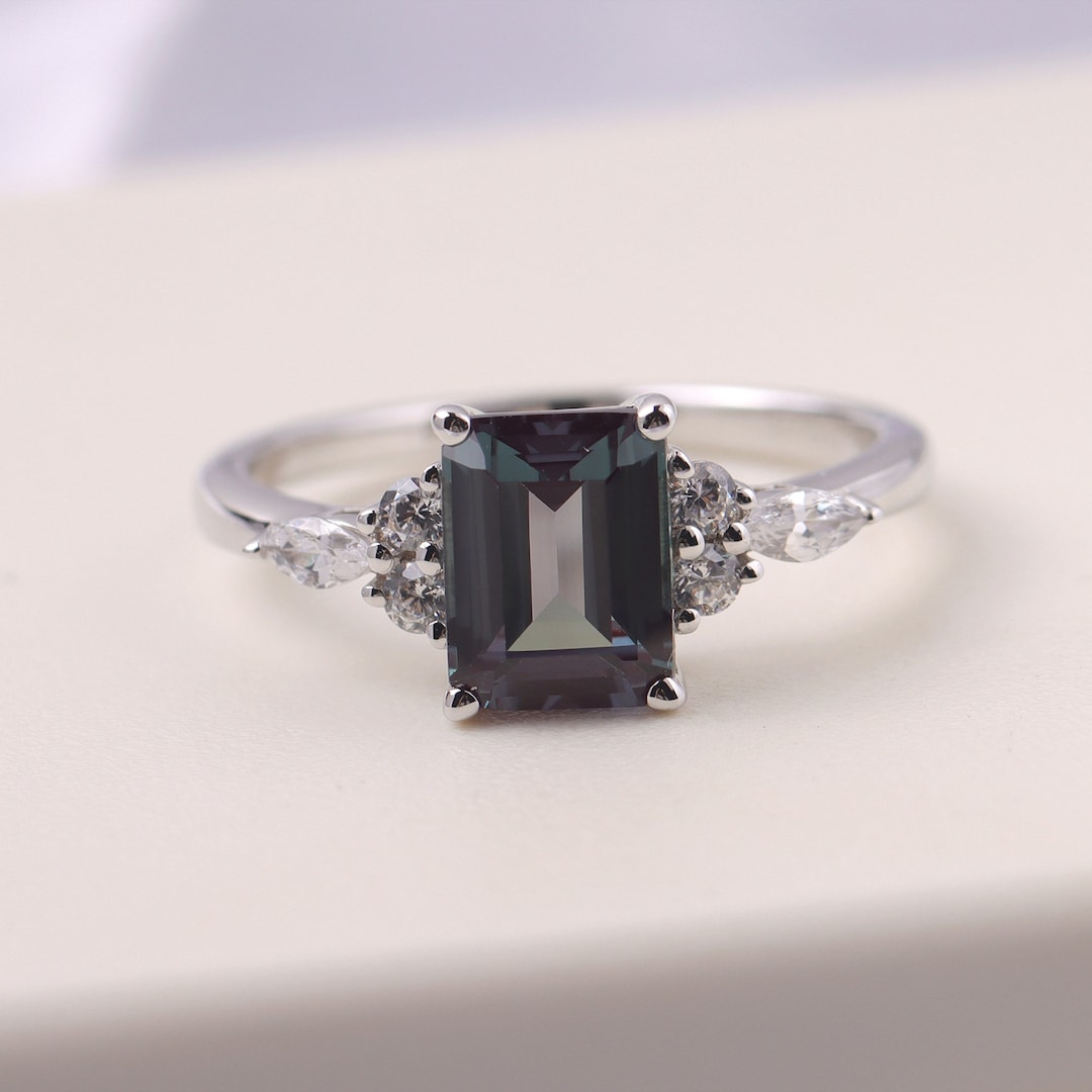 Emerald Cut Alexandrite Ring Rectangle Engagement Ring Color Changing ...