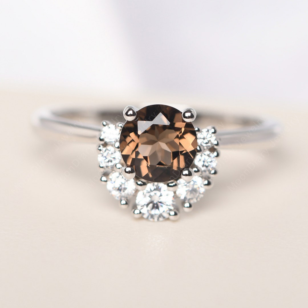 Unique Smoky Quartz Half Halo Engagement Ring Sterling Silver Round Cut ...