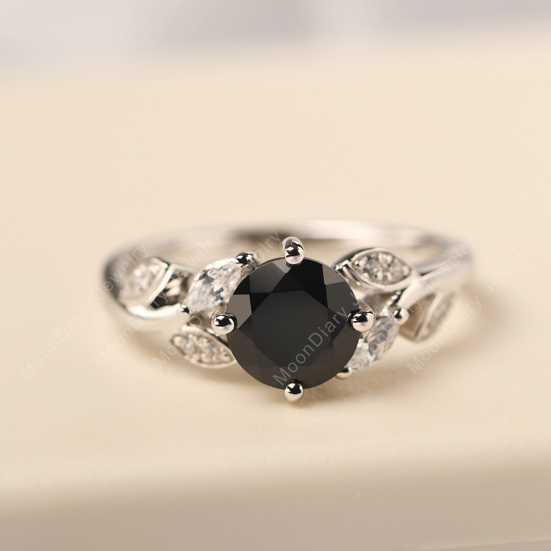 Round Shaped Black Stone Promise Ring Sterling Silver Black Spinel Twig ...