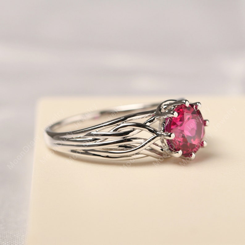 Solitaire Ruby Statement Ring Solid 14k White Gold Round Cut - Etsy