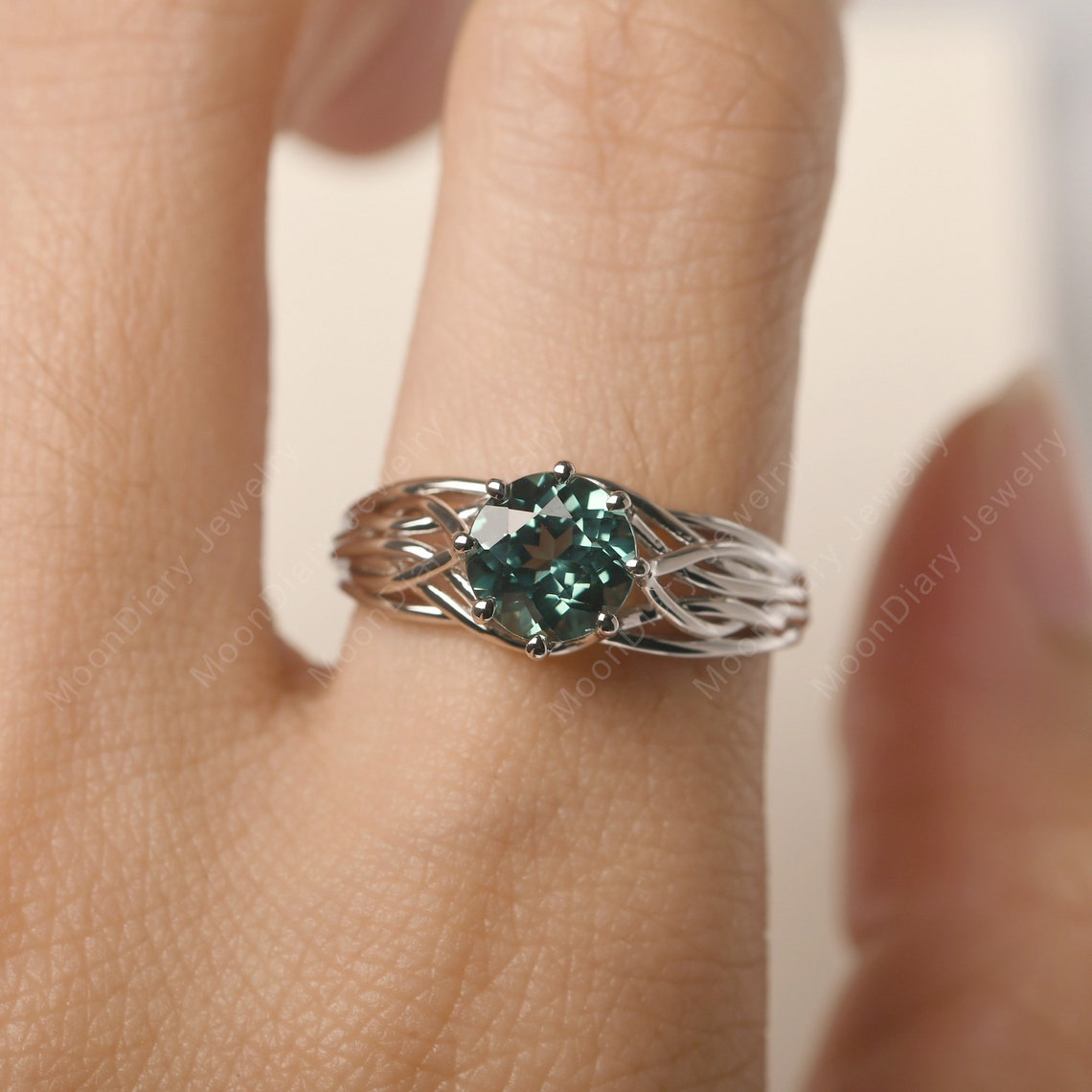 Unique Green Sapphire Engagement Ring Sterling Silver Round - Etsy