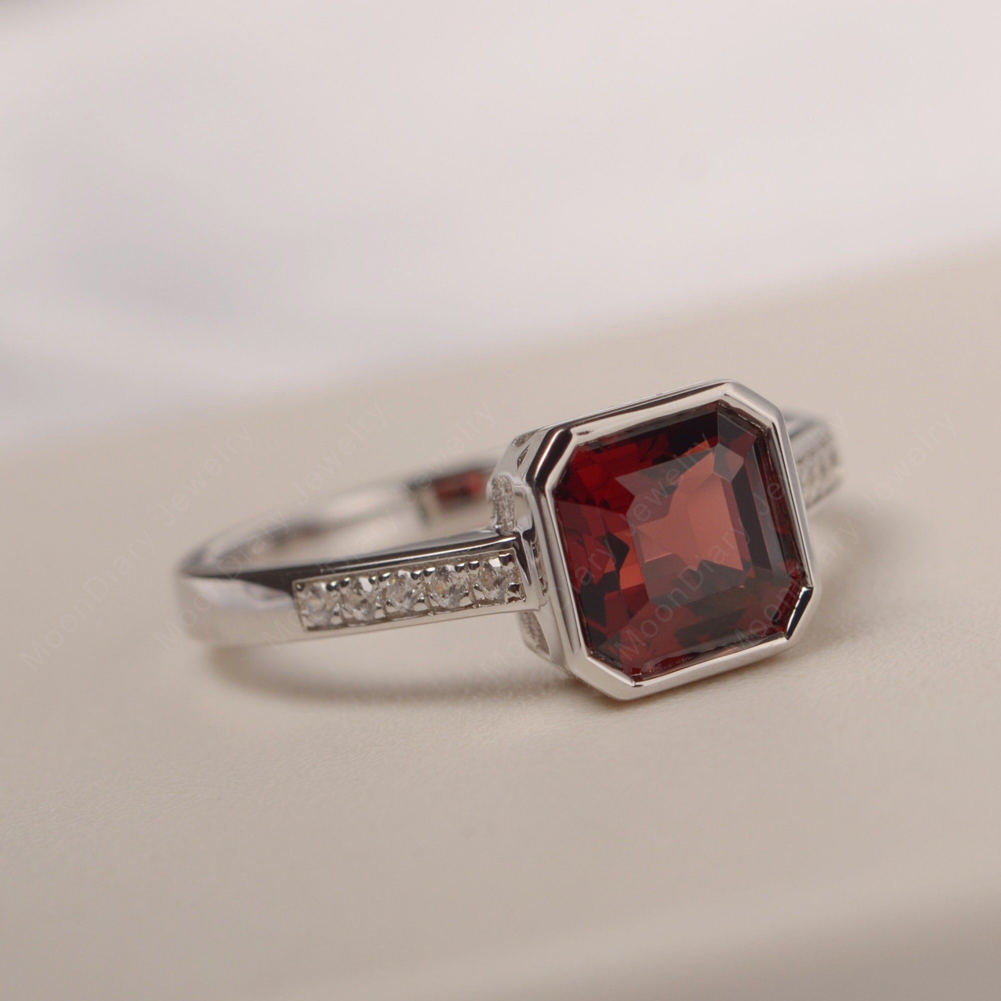 Asscher cut garnet ring bezel setting engagement ring for | Etsy
