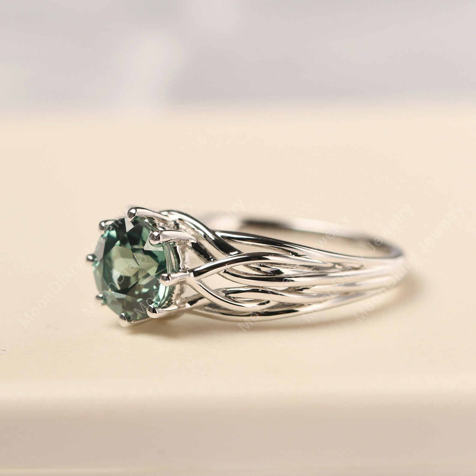 Unique Green Sapphire Engagement Ring Sterling Silver Round - Etsy