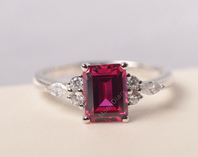 Emerald Cut Ruby Ring Sterling Silver July Birthstone Gorgeous - Etsy
