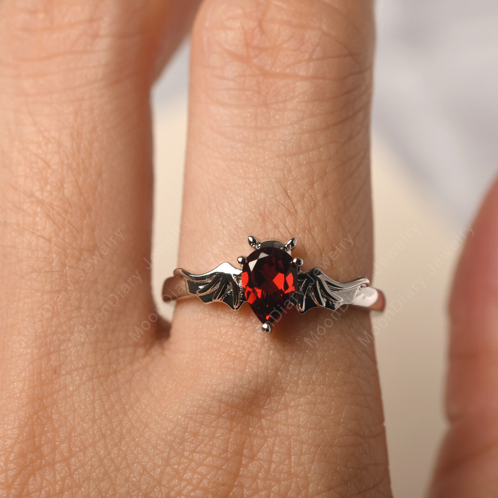 Vampire Bat Ring Real Garnet Ring Pear Cut 14k White Gold - Etsy