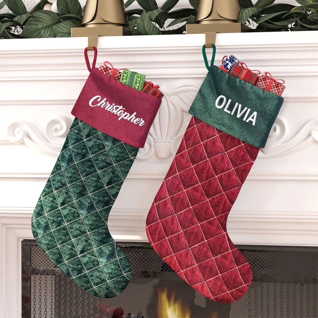 Custom Christmas Stocking | Velvet Red Green Holiday Stocking ...