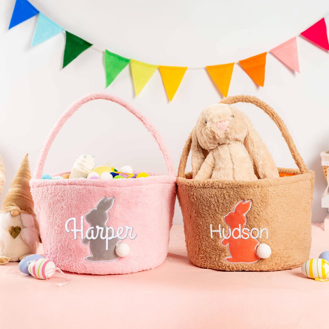 Custom Easter Basket With Name | Embroidered Plush Bunny Bag | Easter ...