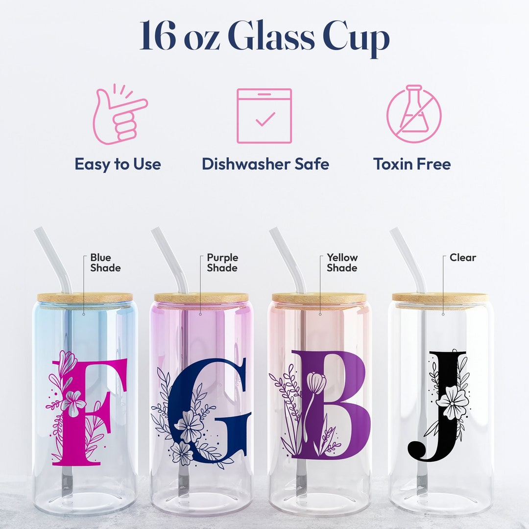 Custom Glass Tumbler With Straw | Initial Flower Coffee Cup | 16 Oz ...
