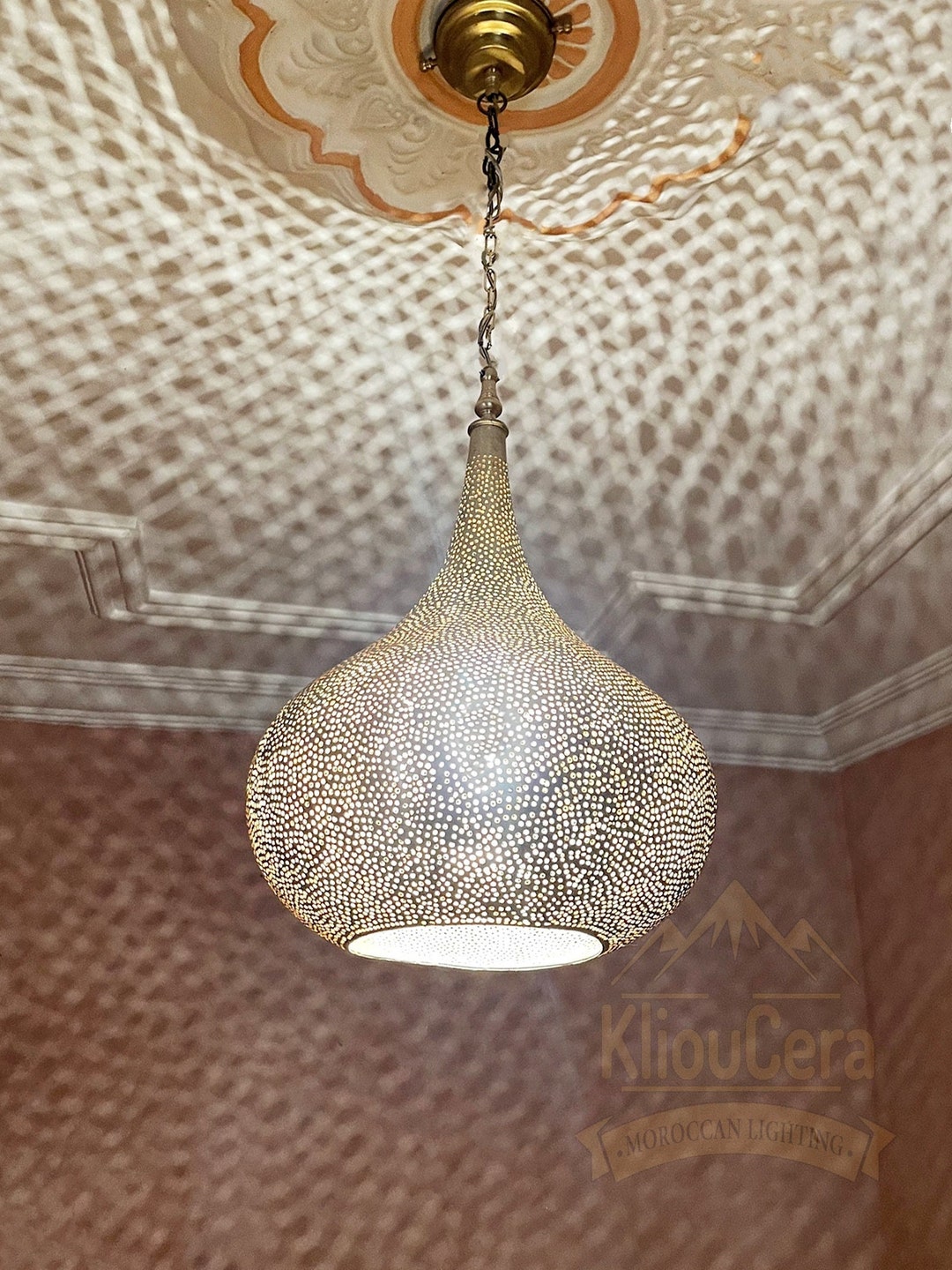 Brass Pendant Light Shade, Moroccan Decorative Ceiling Light Fixture, Handmade Engraved Brass ...