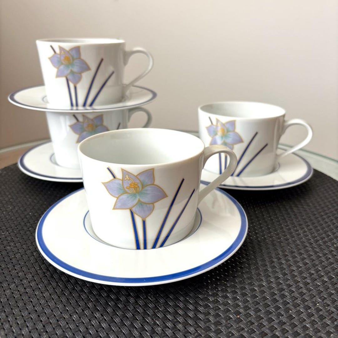 Block SPAL Portugal Porcelain Flat Top Tea Cups With Saucers | Blue ...