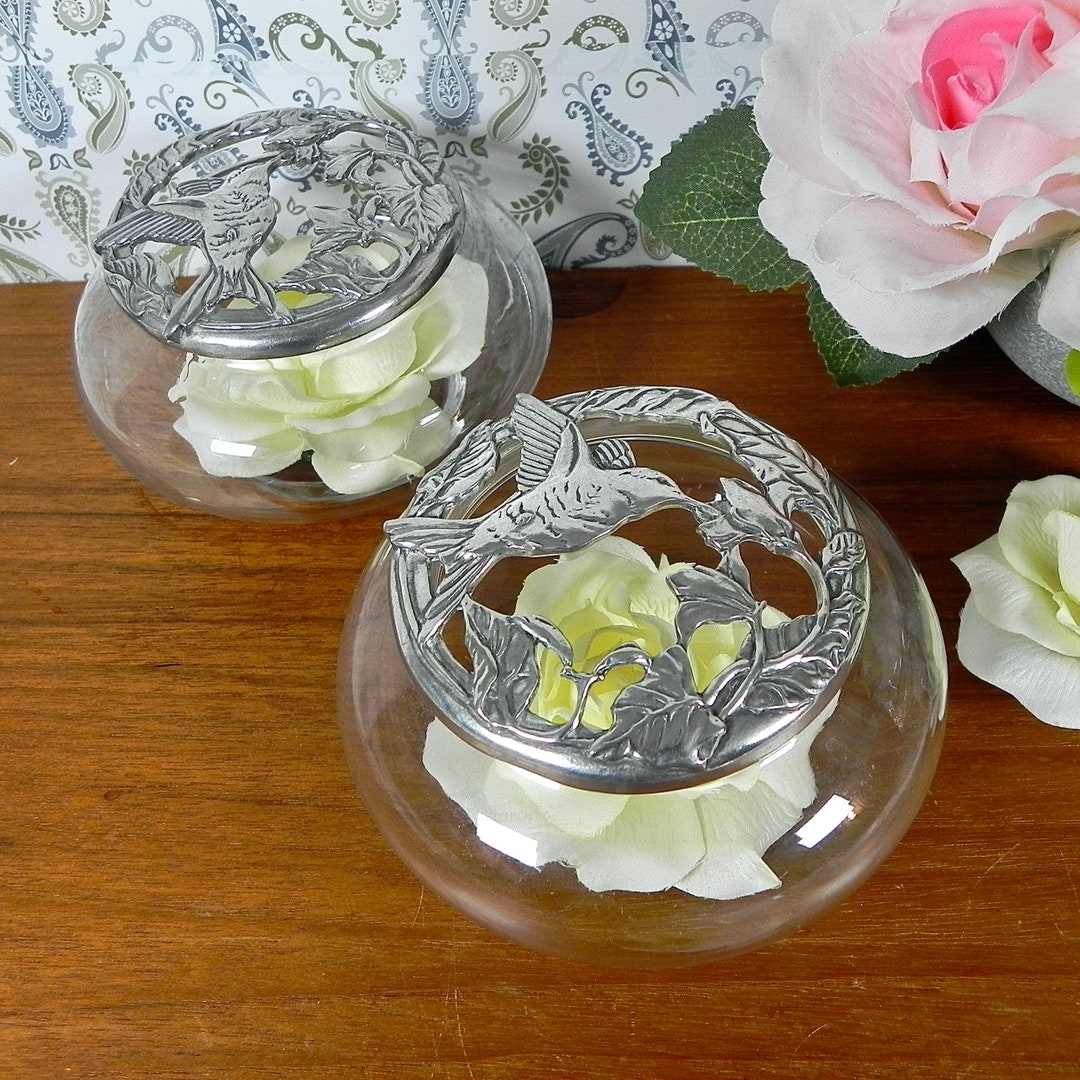 Pewter Hummingbird Jar | Glass Potpourri Trinket Jewellery Container ...