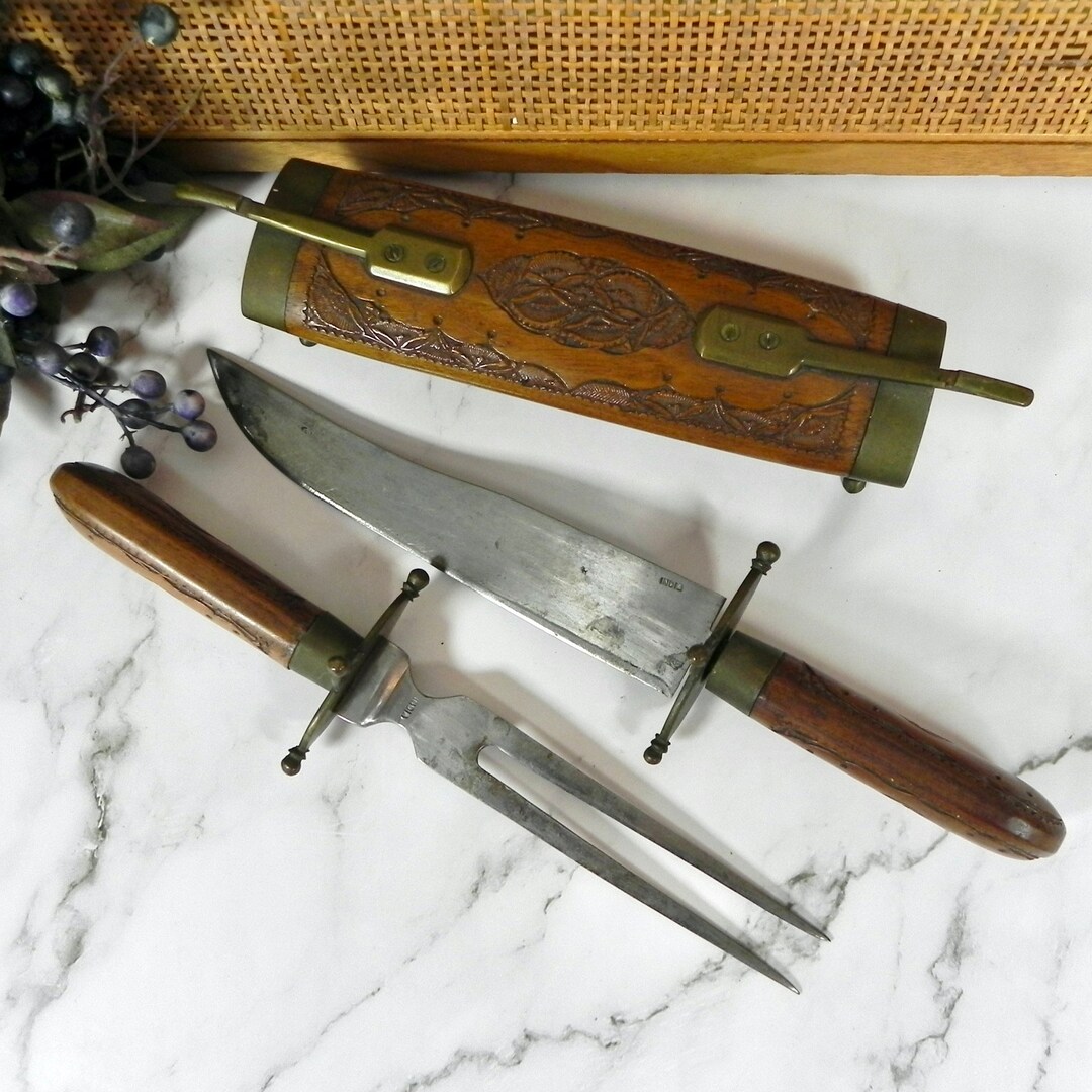 Wood & Brass Carving Set Made in India Hand Carved Vintage Knife With ...