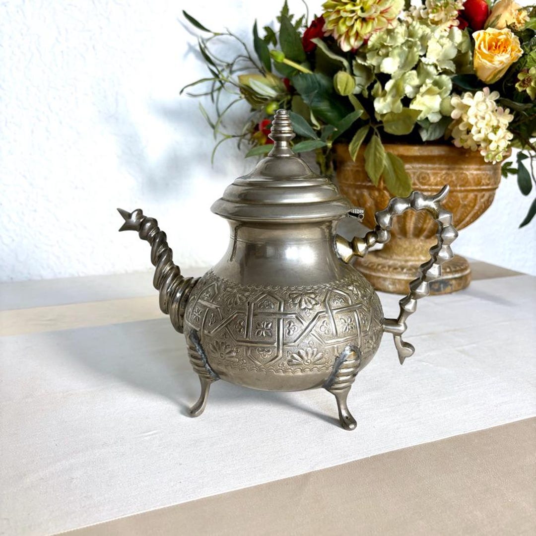 Vintage Moroccan Teapot • Fez Handmade White Metal • Arabic Script ...