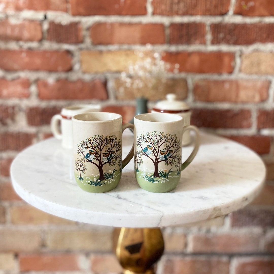 Vintage Owl Tree Stoneware Mug: Retro Green Ceramic Coffee Cup - Etsy