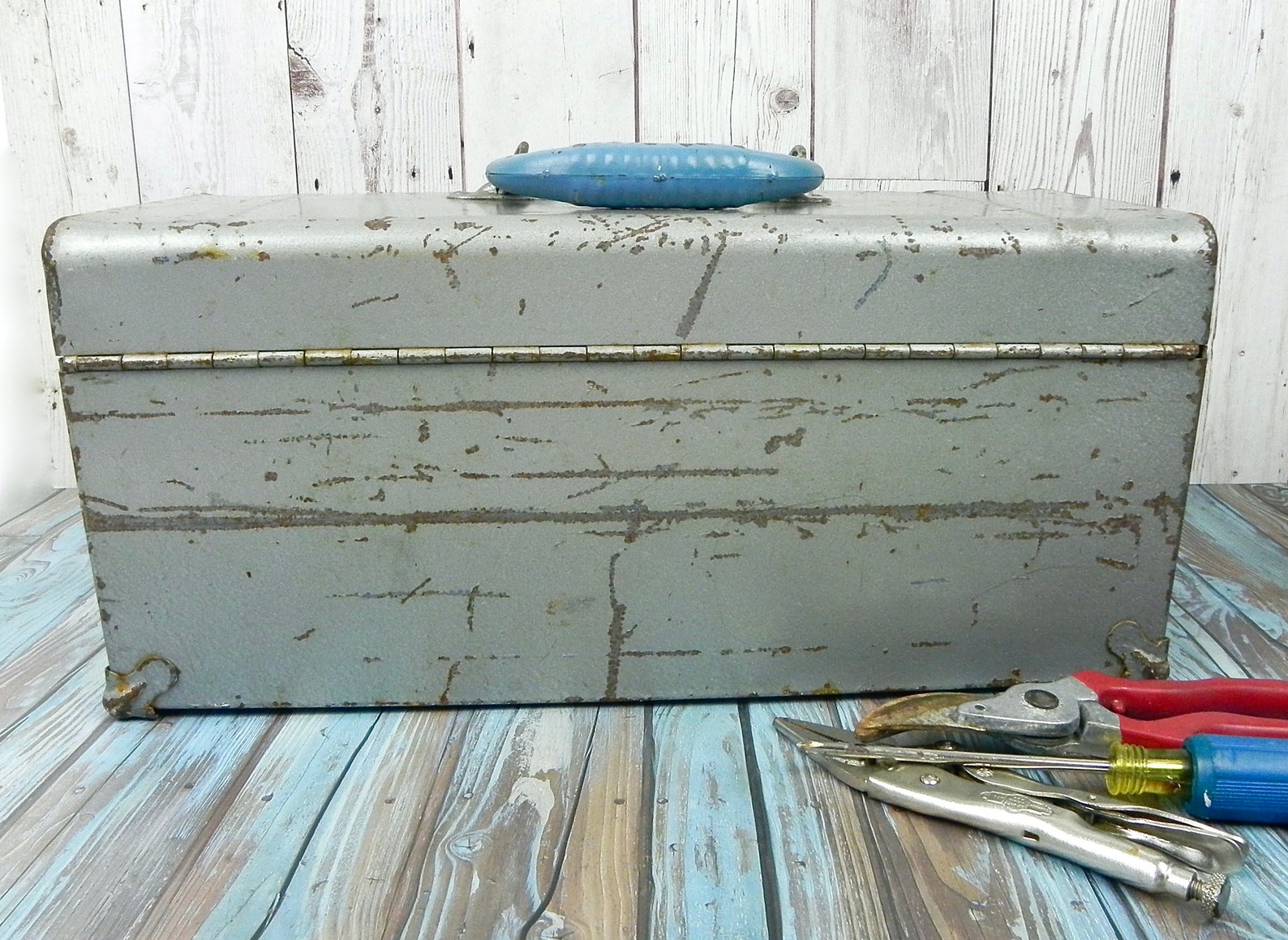 Antique Metal Tool Box Large Grey Metal Toolbox Vintage - Etsy