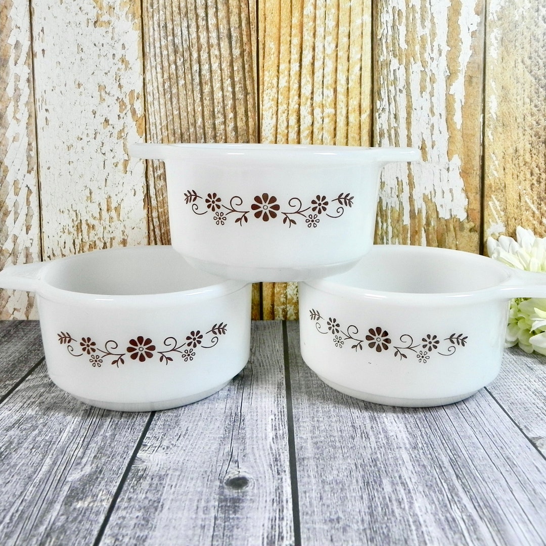 Dynaware Mini Casserole Dish Pyr-o-rey With Brown Flowers Vintage Milk ...
