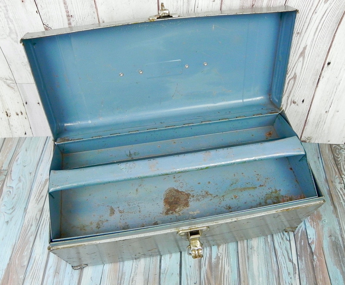 Antique Metal Tool Box Large Grey Metal Toolbox Vintage - Etsy