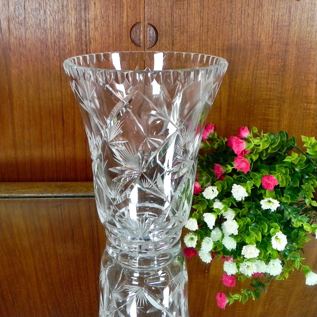 Large Cut Crystal Vase Mid-century Elegant Glassware Lead Crystal Leaf ...