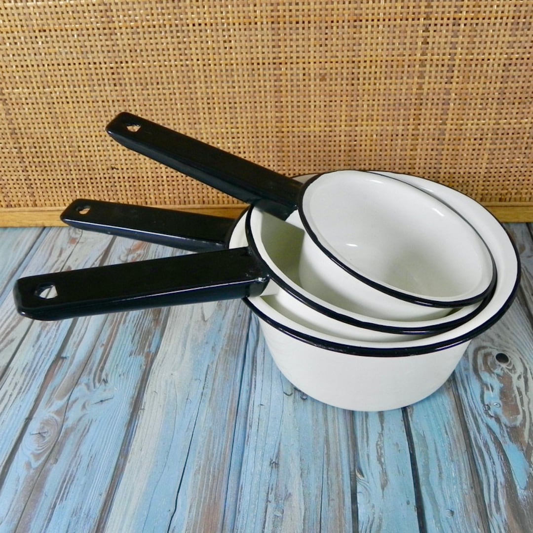 Set of 3 Enamel Pots Black & White Enamelware Vintage Kitchenware - Etsy