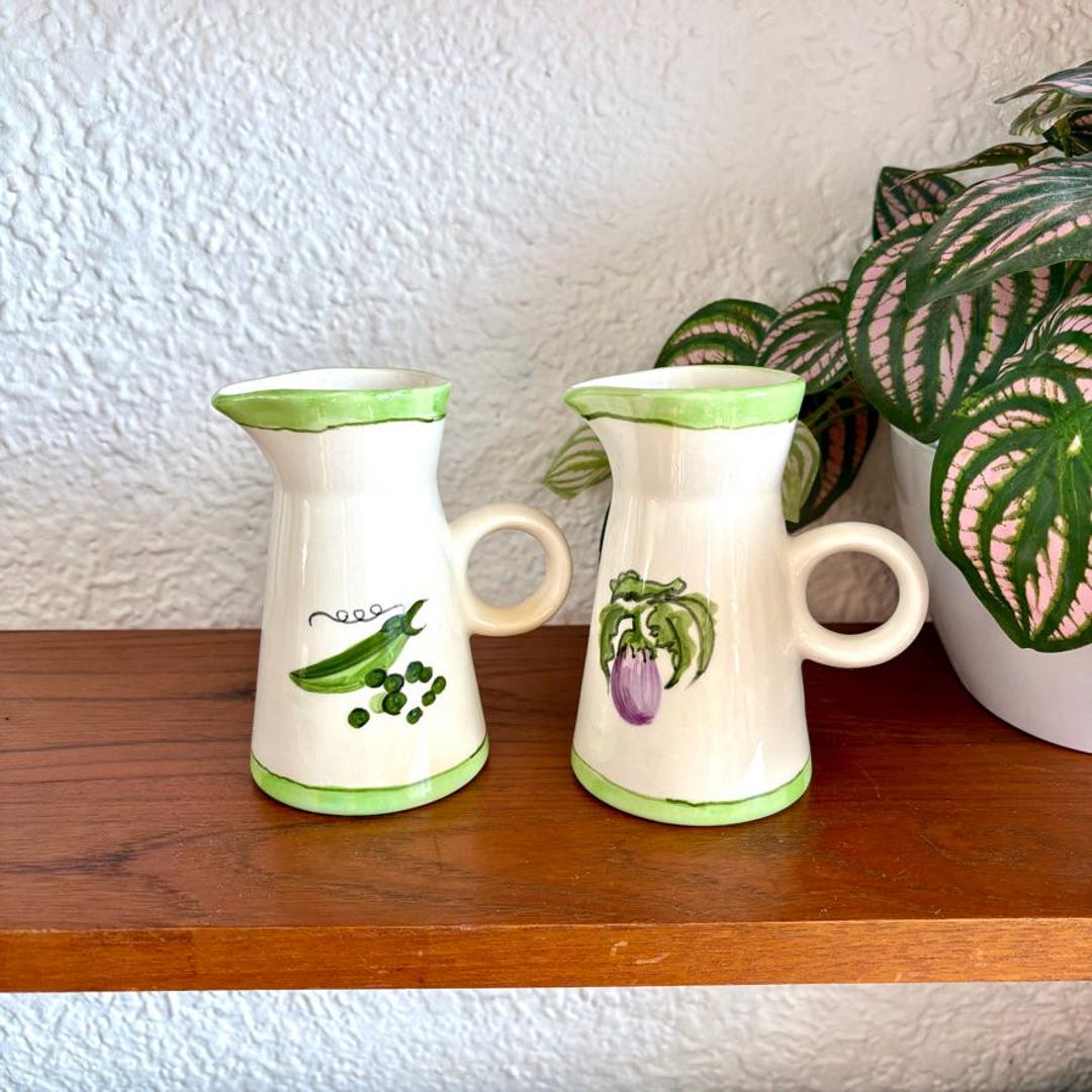 Handmade Ceramic Pitchers | Green & Ivory Creamers Pea Pods / Eggplant ...