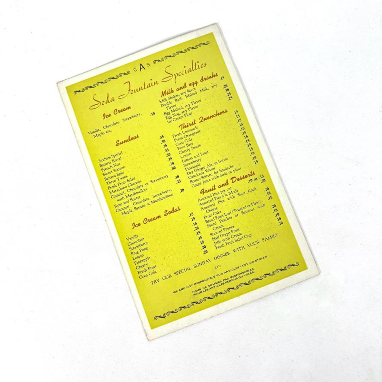 1950s Original Coffee Shop Menu | Archie's Restaurant Montreal Canada ...