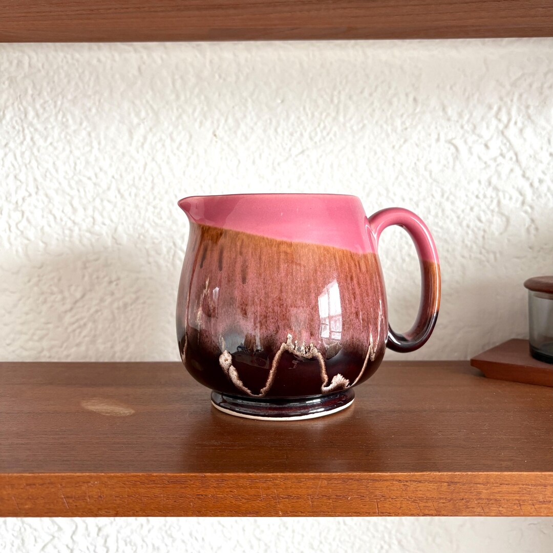 Mid-century Modern Ceramic Pitcher | 24 Oz Drip Glaze Pink and Brown ...