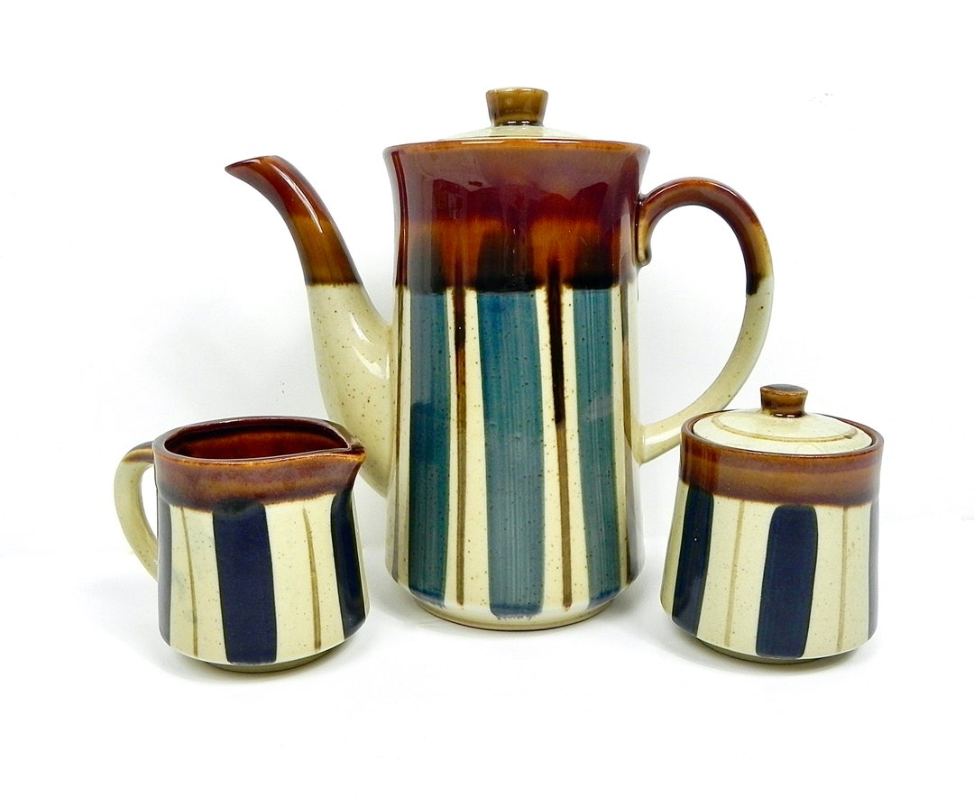 Artisan Teapot Creamer Sugar Set | Vintage Quebec Pottery | Hand ...