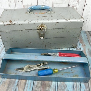 Antique Metal Tool Box | Large Grey Metal Toolbox | Vintage Rusted ...