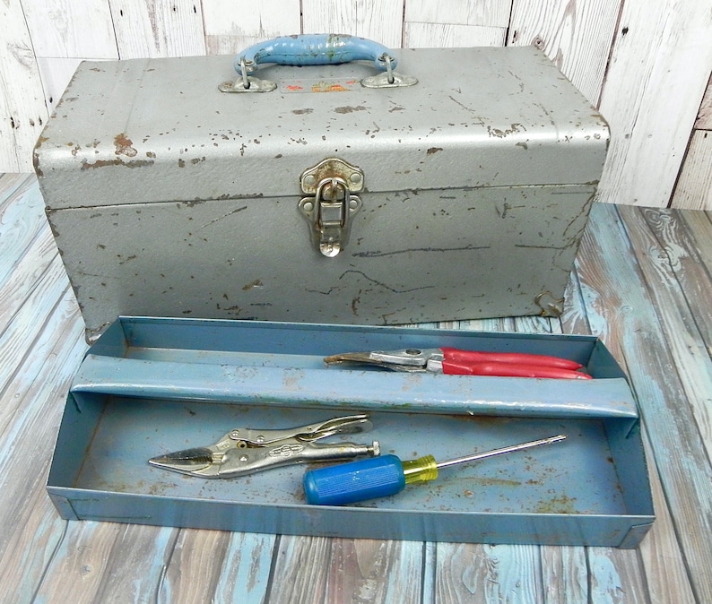 Antique Metal Tool Box Large Grey Metal Toolbox Vintage - Etsy